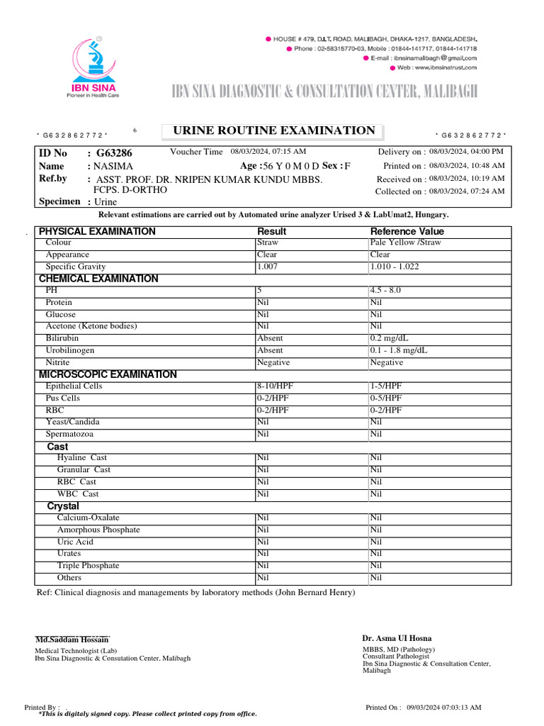 Urine Routine Examination: G63286 Id No | PDF | Pathology | Urine