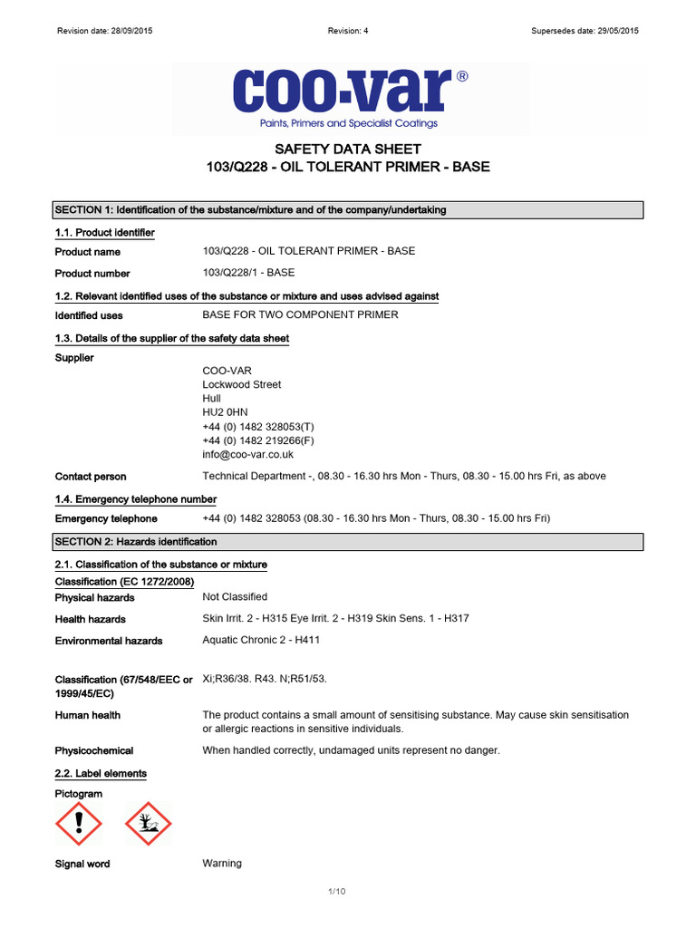 Oil Tolerant Primer Safety Data Sheet | PDF | Epoxy | Toxicity