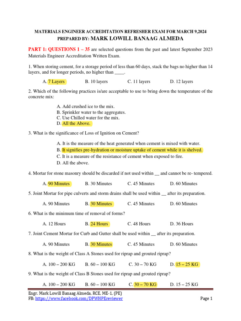 March 2024 ME Refresher Exam With Answer | PDF | Road Surface | Concrete