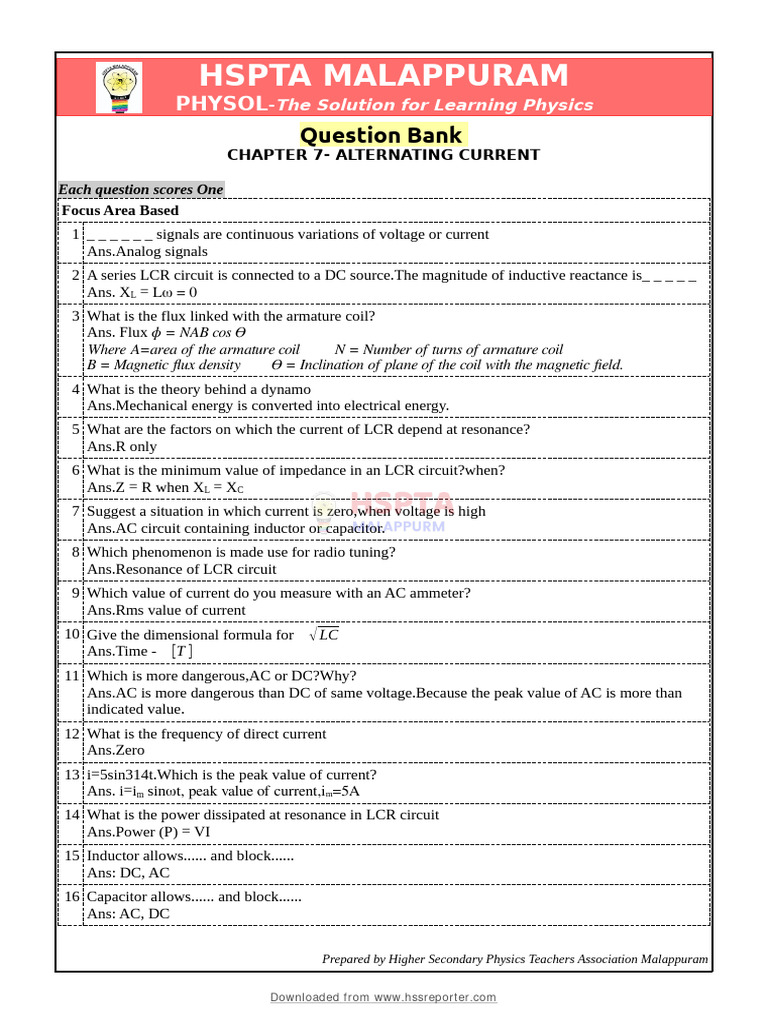 HSPTA +2 Phy Chapter-7 QB-Final-Alternating Current-Hssreporter | PDF | Transformer | Inductor