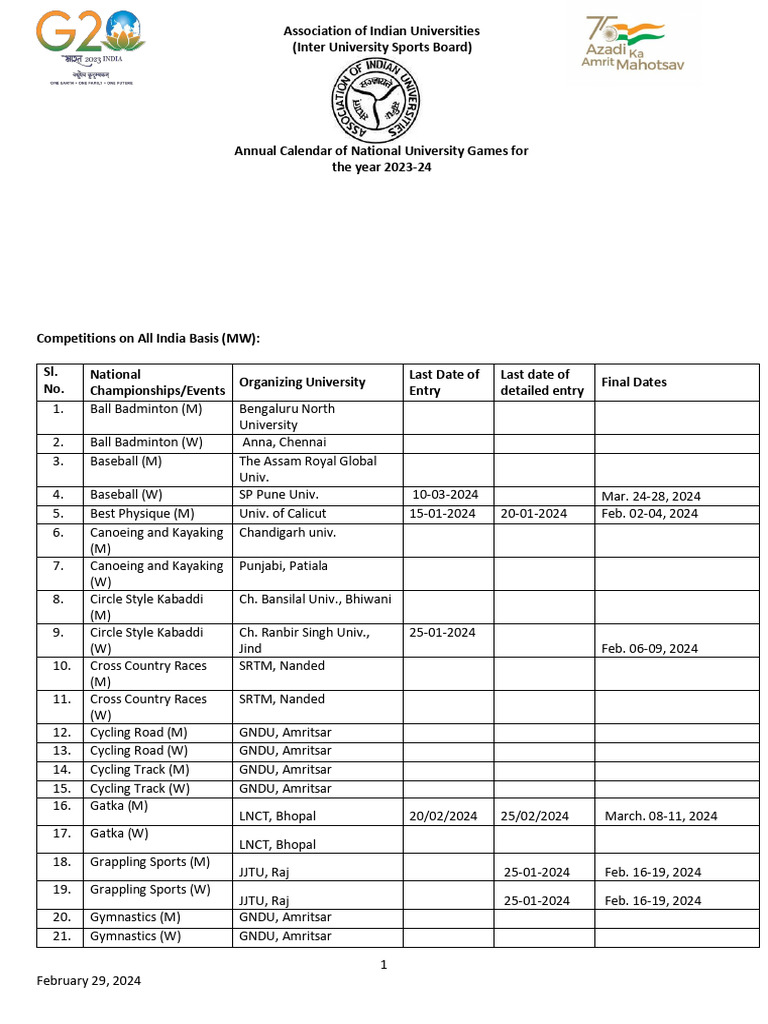 Sports Calendar 2023-24 | PDF | Summer Sports | Entertainment