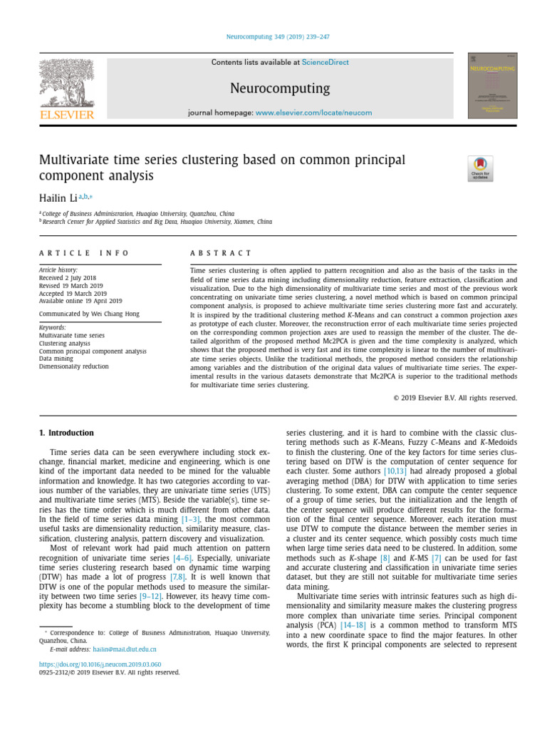 Multivariate Time Series Clustering Based On Common Principal Component Analysis 2019 | PDF ...