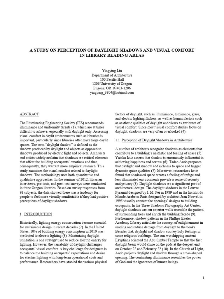 A Study On Perception of Daylight Shadows and Visual Comfort in Library Reading Areas | PDF ...