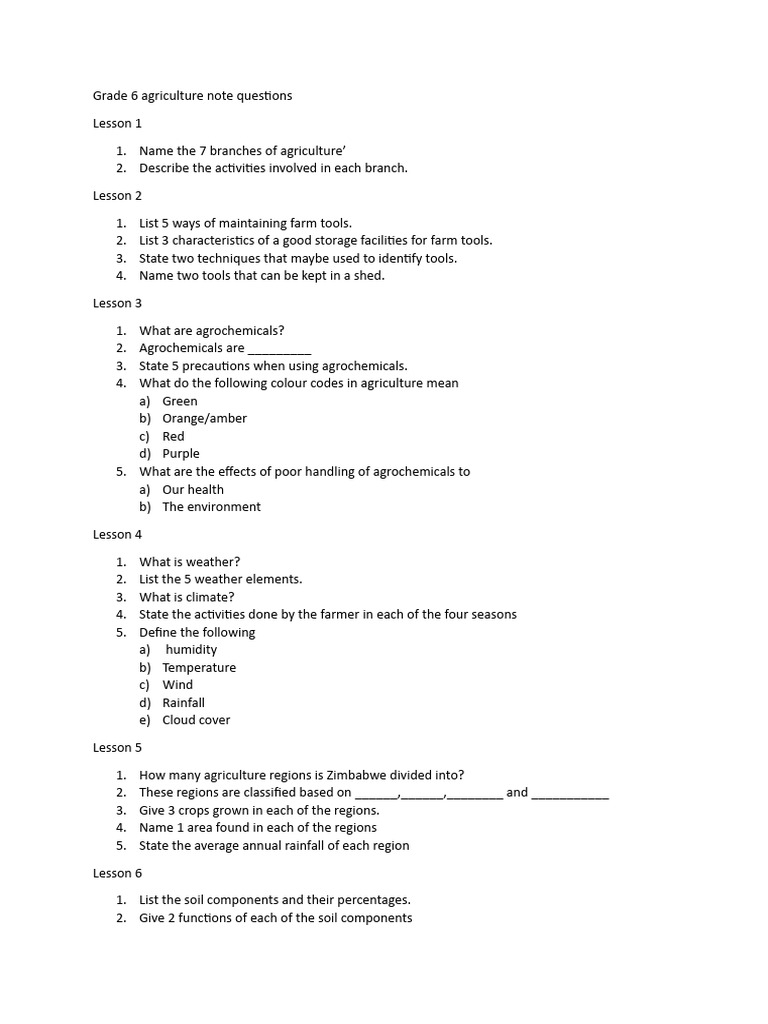 Grade 6 Agriculture Note Questions | PDF | Plant Nutrition | Soil