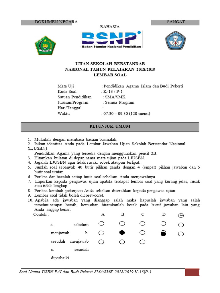 Soal Usbn Pai Sma-Smk K-13 Paket 1-1 | PDF