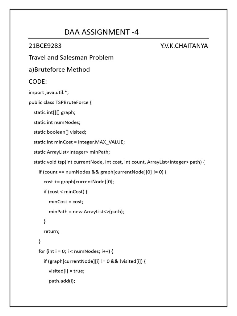 Daa Travel Salesman Problem Using Brute Force Method | PDF | Applied Mathematics | Software ...