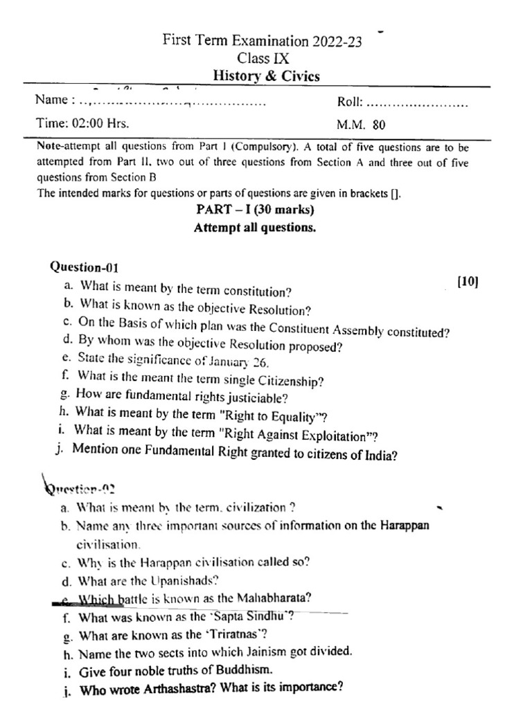 First Term History Civics Question Paper | PDF