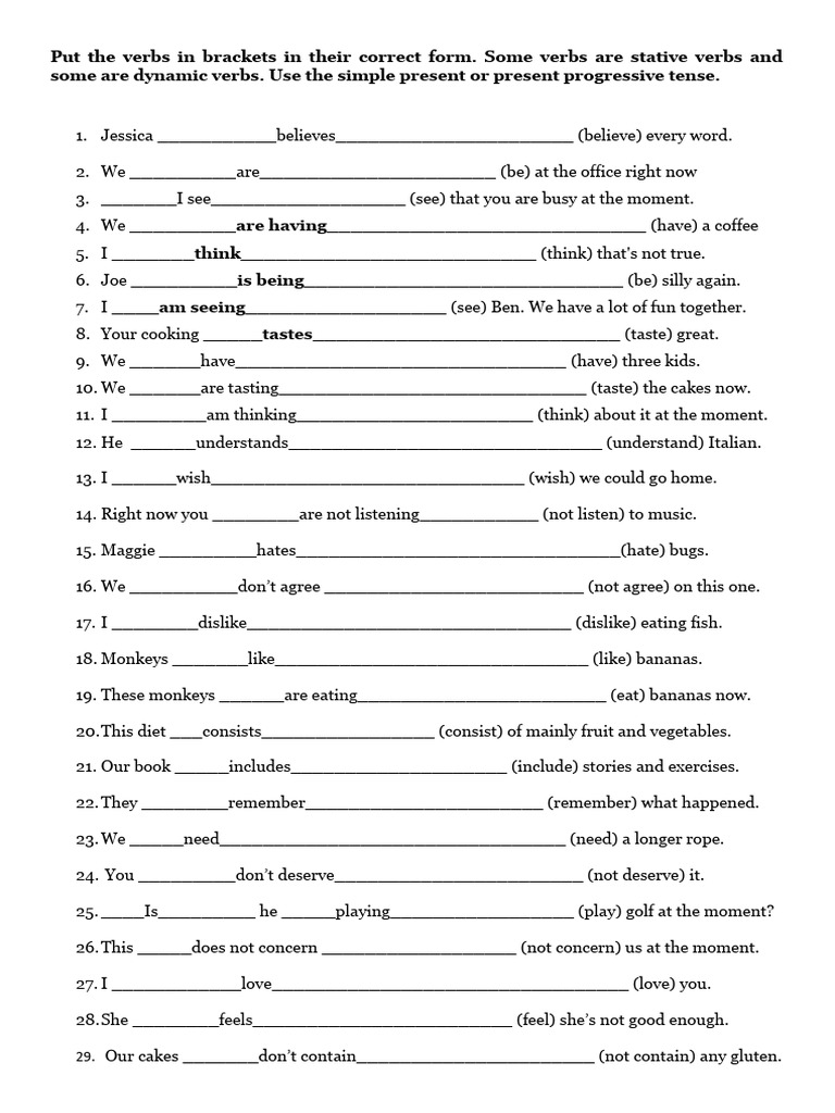 Exercise with Stative and Dynamic Verbs | PDF