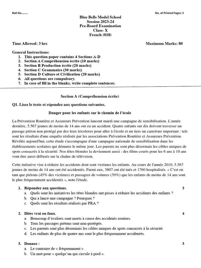 Grade 10 French Pre-Board Paper | PDF | Sécurité routière