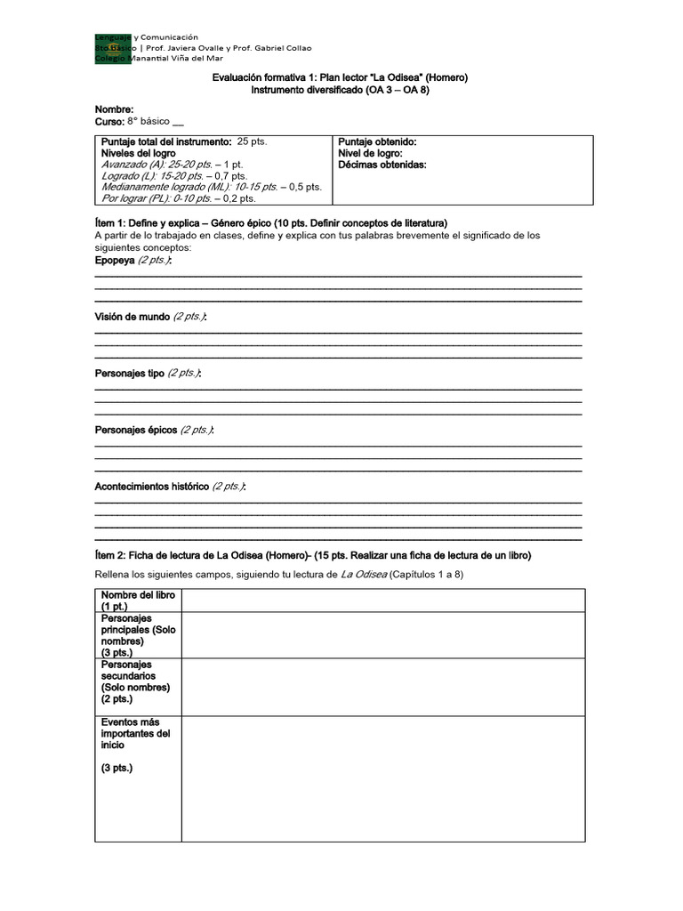 EvaluaciÃ N Formativa 1 - Plan Lector - 8vo Bã¡sico Lenguaje | PDF | Comunicación humana | Cognición