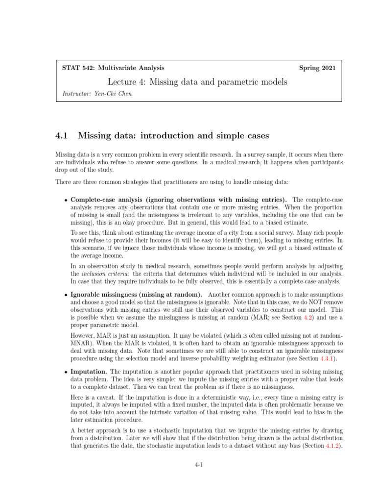 Lec4 Missing | PDF | Estimator | Dependent And Independent Variables