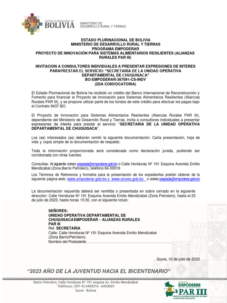 64af7ad92c65e - EXPRESION DE INTERES SECRETARIA - CHUQUISACA | PDF ...
