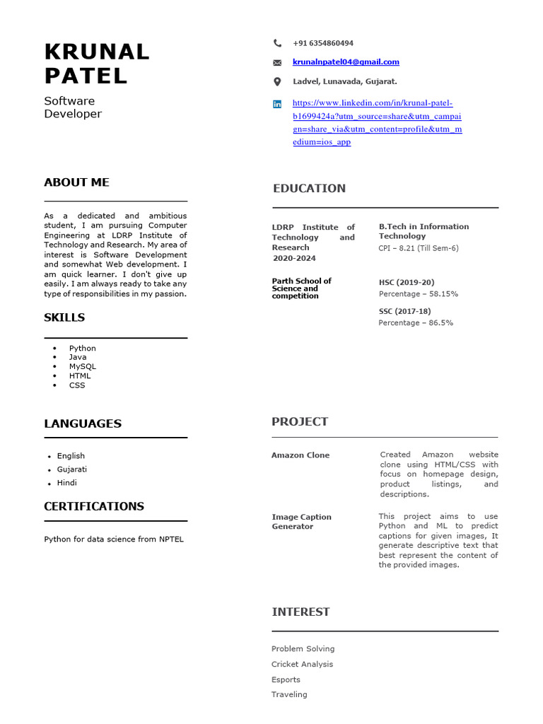Krunal Patel Resume | PDF | Python (Programming Language) | Computing Krunal Patel Resume | PDF | Python (Programming Language) | Computing