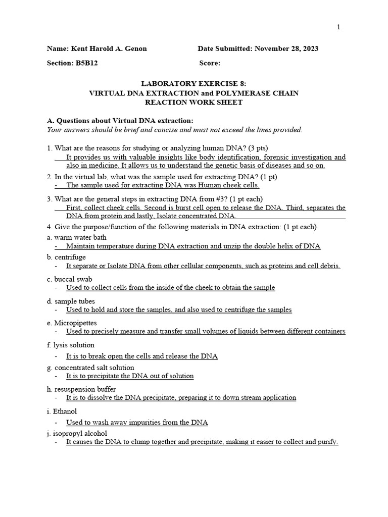 BIO107 Laboratory Exercise 8 | PDF | Polymerase Chain Reaction | Primer (Molecular Biology)