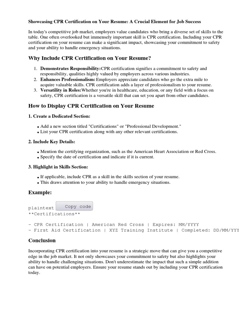 CPR Certification On Resume Example | PDF | Résumé