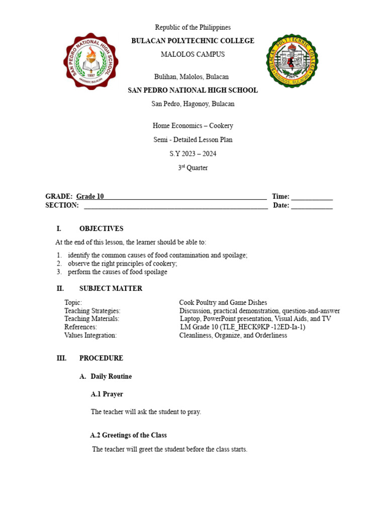 Semi-Detailed Lesson Plan: Poultry Cookery | PDF | Cooking | Meat