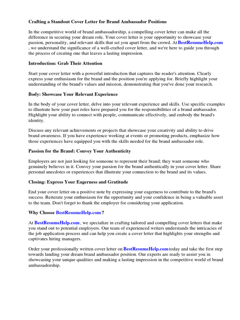 Cover Letter for Brand Ambassador Position | PDF | Brand | Marketing