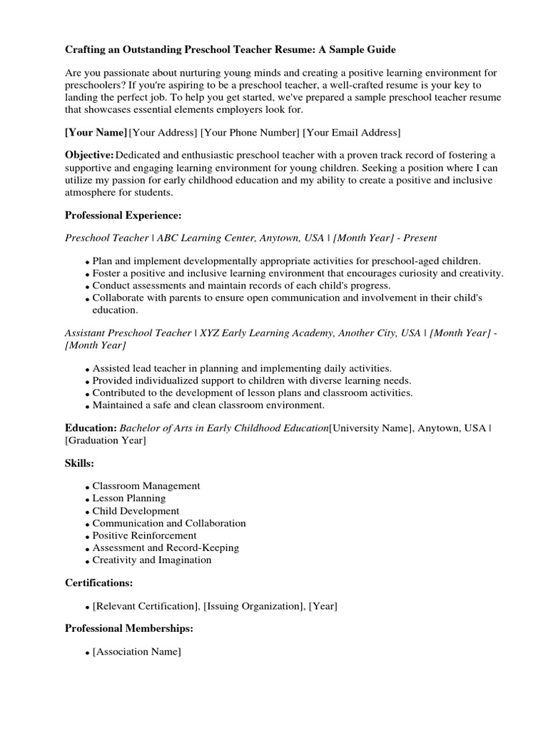 Preschool Teacher Resume Guide | PDF | Teachers | Preschool