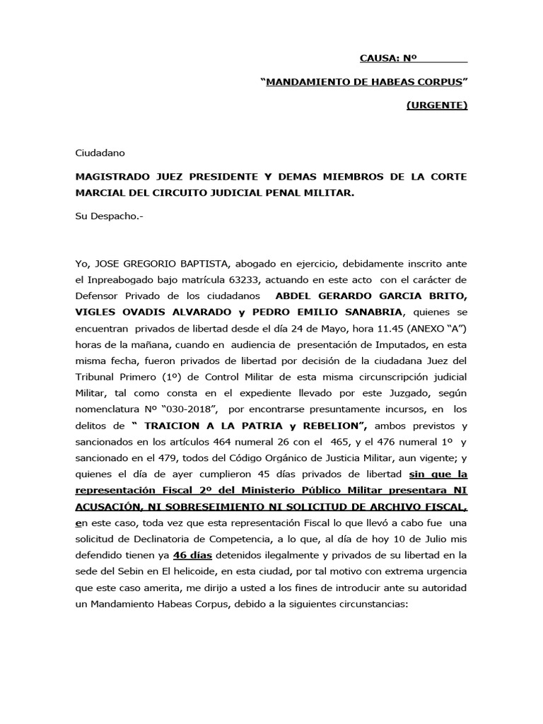Escrito de Habeas Corpus | Descargar gratis PDF | Habeas corpus | Judicaturas