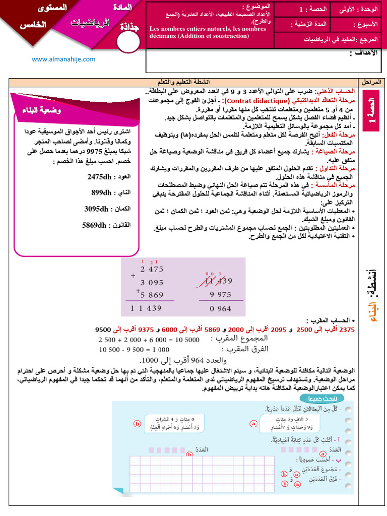 جذاذت المفيد في الرياضيات الأعداد الصحيحة الطبيعية، الأعداد العشرية