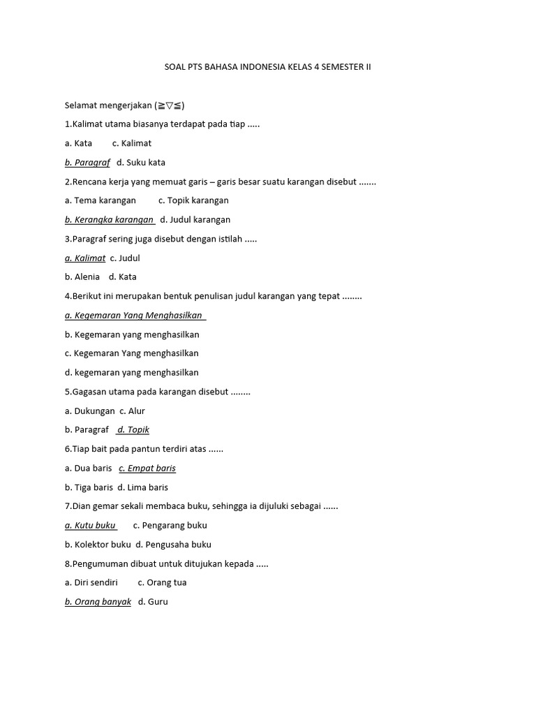 Lat Soal PTS Bahasa Indonesia Kelas 4 Semester Ii | PDF