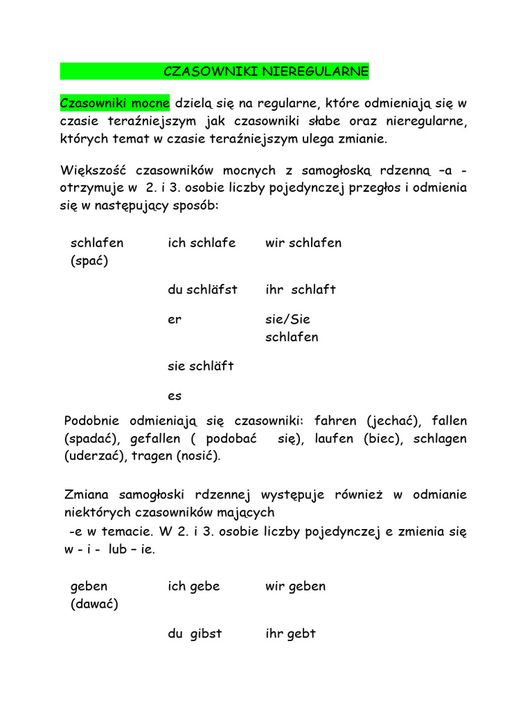 Czasowniki Nieregularne | PDF