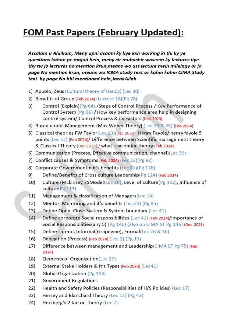 FOM Past Papers (Feb Updated) | PDF | Leadership | Goal