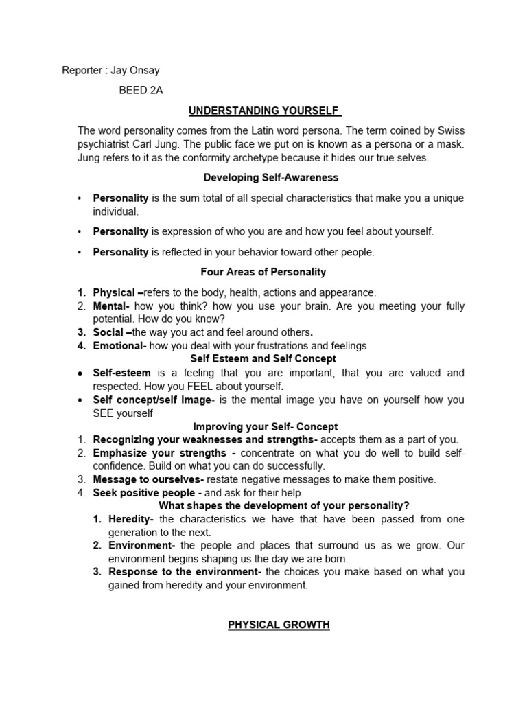 Understanding Personality and Growth | PDF | Puberty | Self Esteem