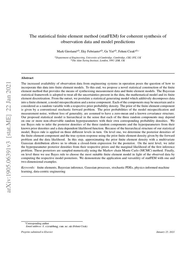 The Statistical Finite Element Method (Statfem) For Coherent Synthesis of Observation Data and ...