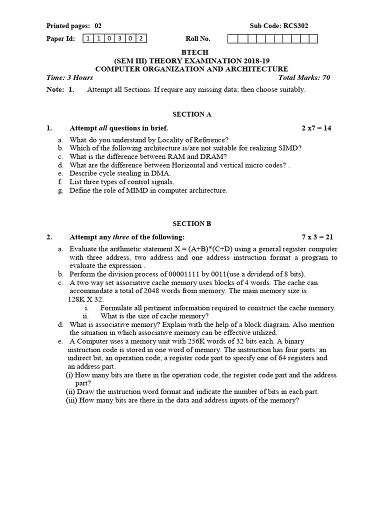 Btech Cs 3 Sem Computer Organization and Architecture rcs302 2019 | PDF | Integrated Circuit ...