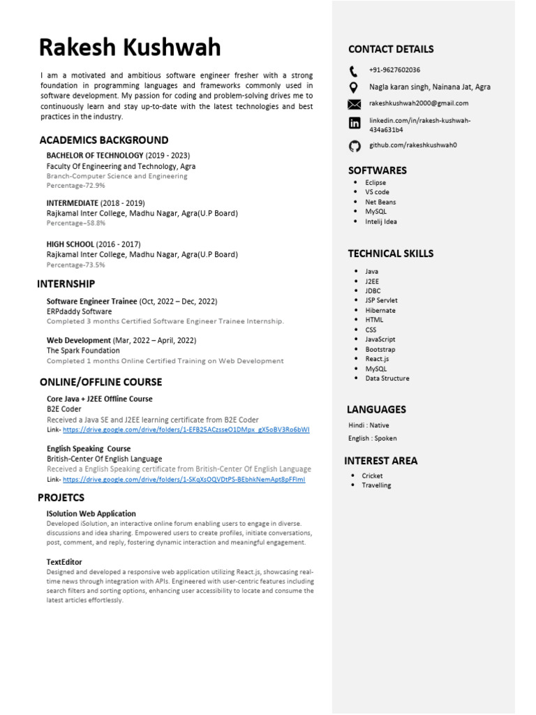 Rakesh Kushwah's CV | PDF | Web Development | Java (Programming Language)