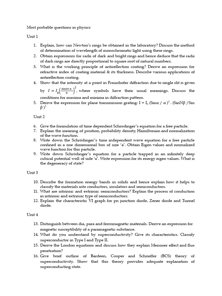 Most Probable Questions | PDF | Superconductivity | Diffraction