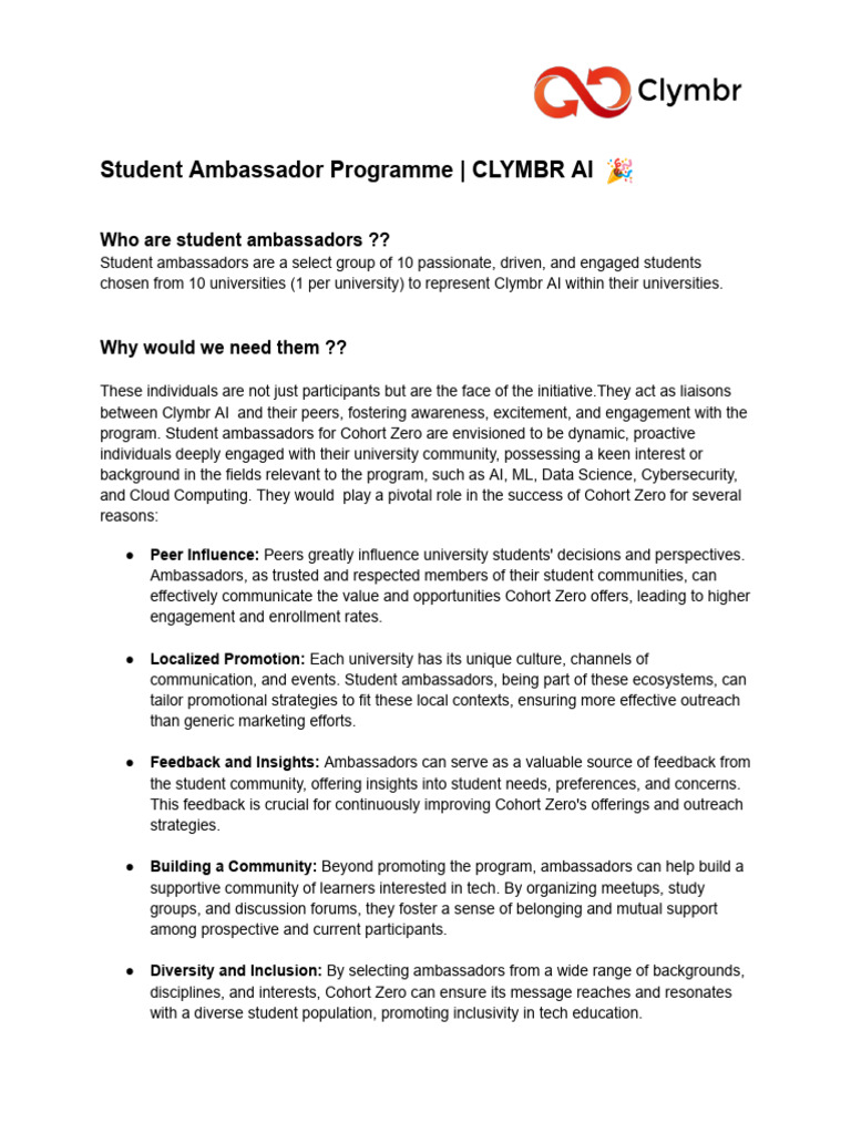 Clymbr AI Student Ambassador Program | PDF | Social Media | Popular ...