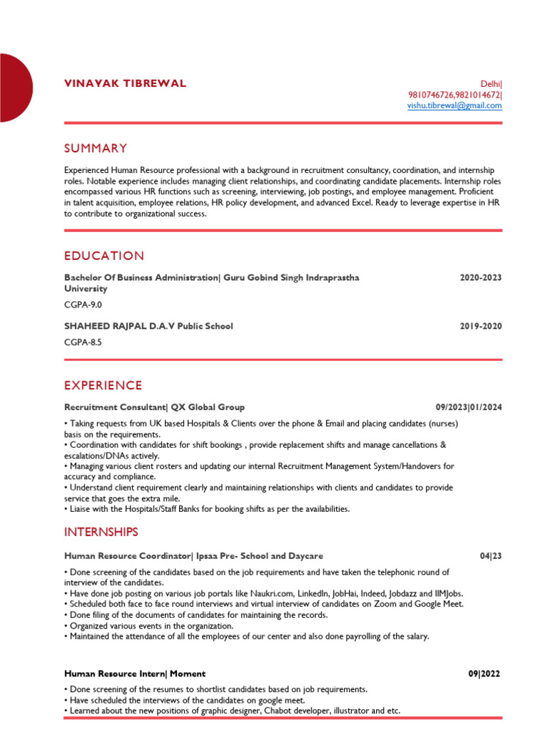 Vinayak - Tibrewal Resume | PDF | Recruitment | Human Resources