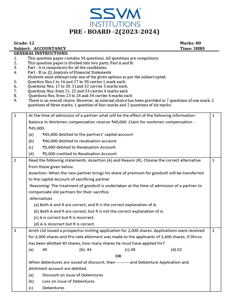 PRE - BOARD - 2 (2023-2024) : Grade: 12 Marks: 80 Subject: Accountancy Time: 3HRS General ...