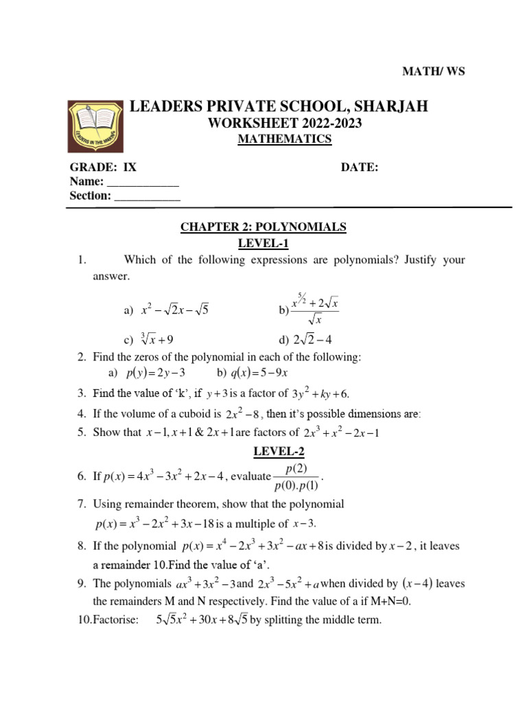Class 9 Polynomials Worksheet 2022-23 | PDF | Polynomial | Factorization