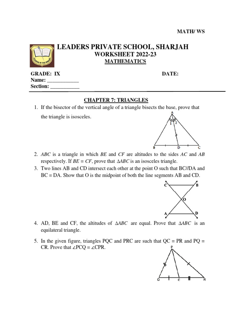 G9 - TRIANGLES Worksheet | PDF