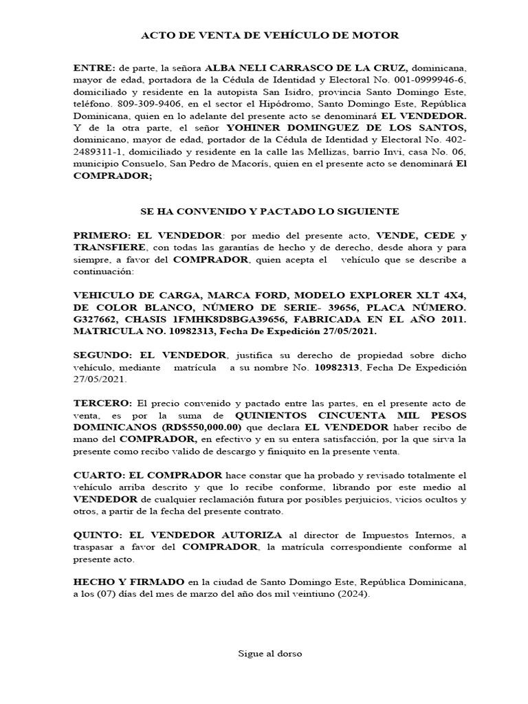 ACTO DE VENTA DE VEhICULO DE MOTOR VENANCIO | PDF | República Dominicana
