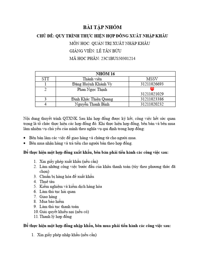 BÀI TẬP NHÓM QTXNK - NHÓM 16 - QUY TRÌNH THỰC HIỆN HỢP ĐỒNG XUẤT NHẬP KHẨU | PDF