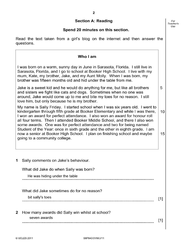 Primary Progression Test - Stage 6 English Paper 1 Ms | PDF