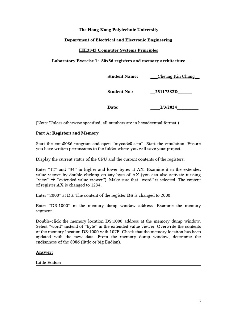 EIE3343 Lab 1 | PDF | Assembly Language | Computer Memory