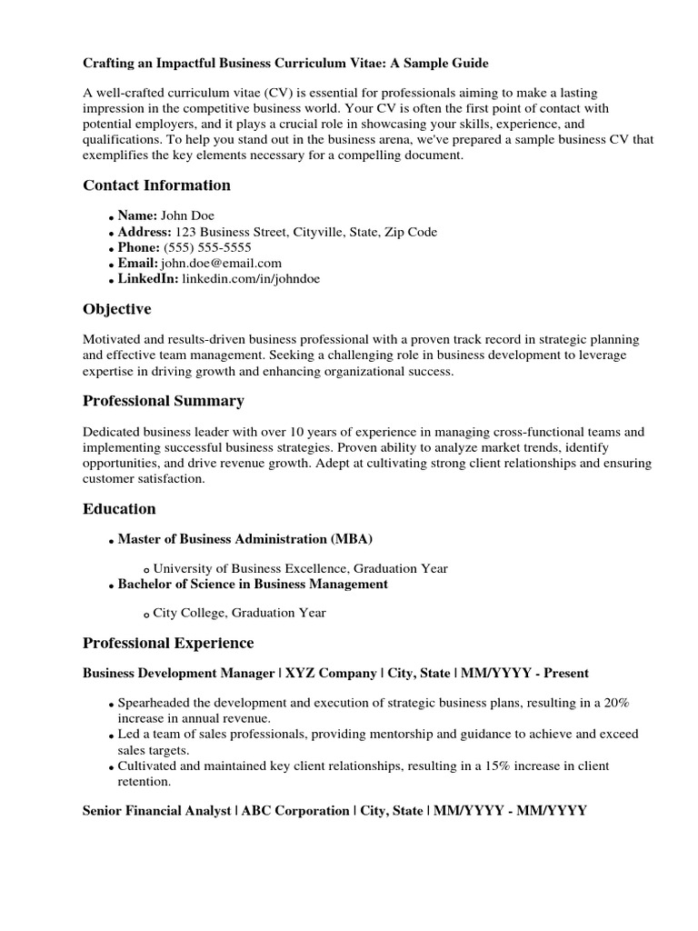 Curriculum Vitae Sample Business Administration | PDF | Résumé | Leadership