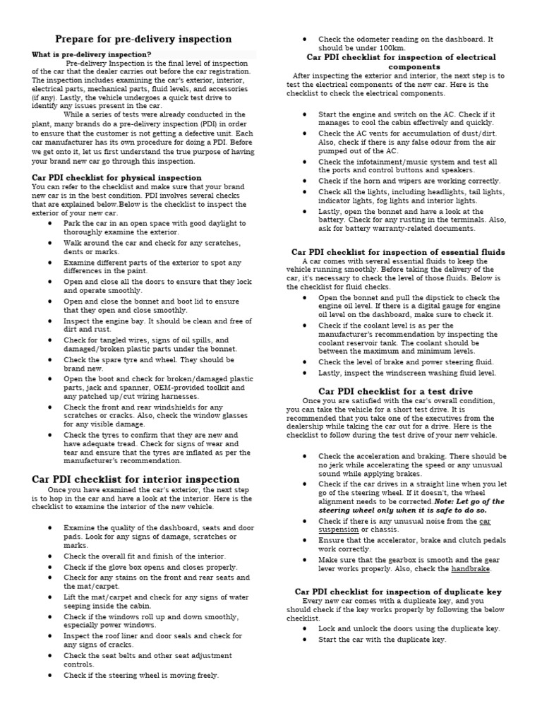 Pre-Delivery Inspection Checklist Guide | PDF | Car | Receipt
