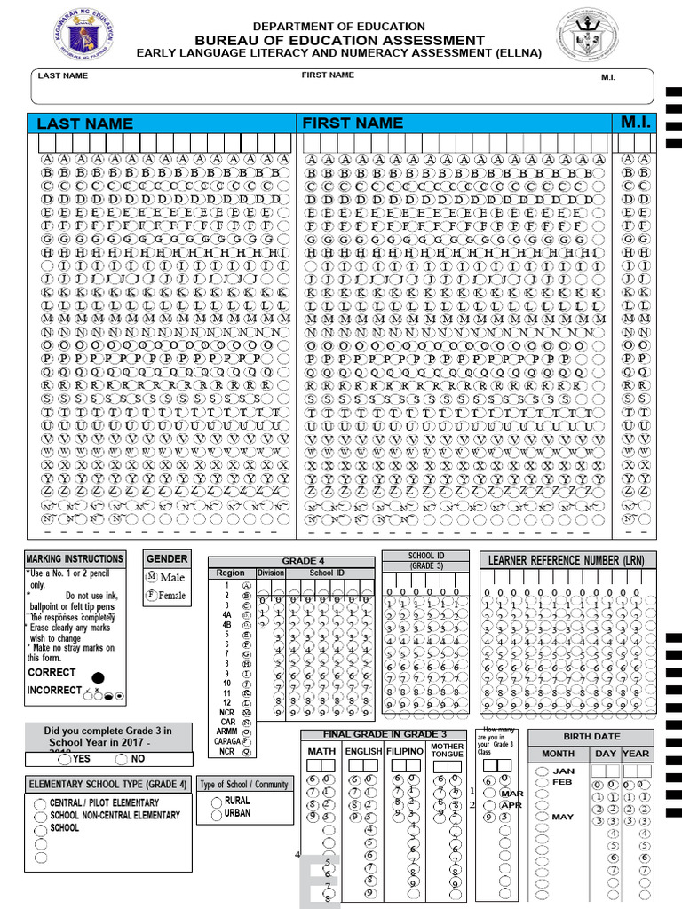 Grade 3 ELLNA Answer Sheet Template | PDF | Writing | Writing Implements