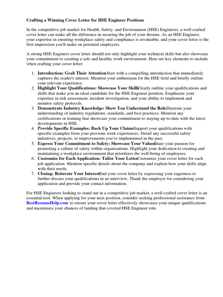 HSE Engineer Cover Letter Guide | PDF | Occupational Safety And Health ...