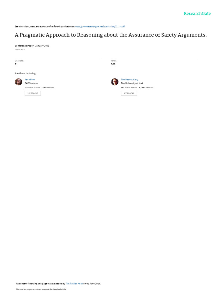 A Pragmatic Approach To Reasoning About The Assurance of Safety Arguments. | PDF | Argument
