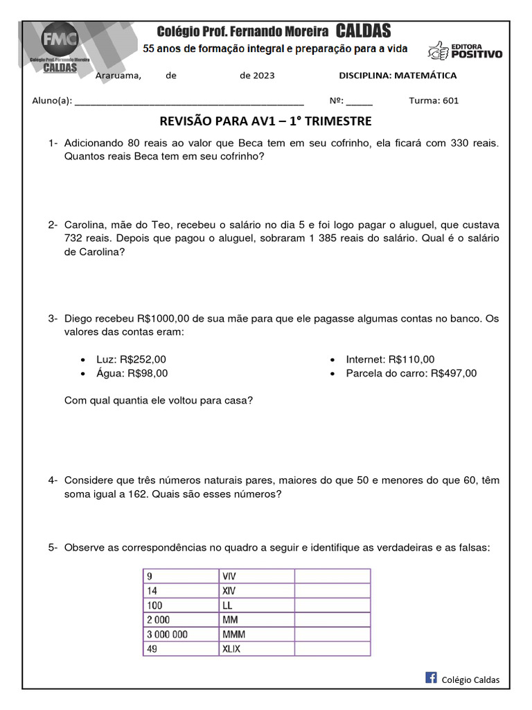 REVISÃO AV1 - 1 TRIMESTRE (601) - Matemática | PDF