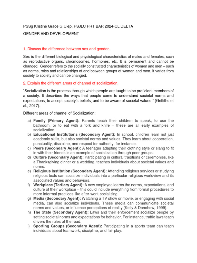 DELTA - PSSG Ulep, Kristine Grace G | PDF | Socialization | Gender