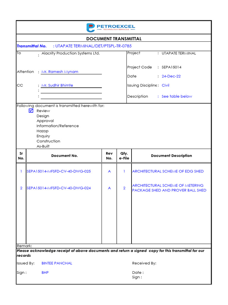 Architectural Scheme Document Transmittal | PDF