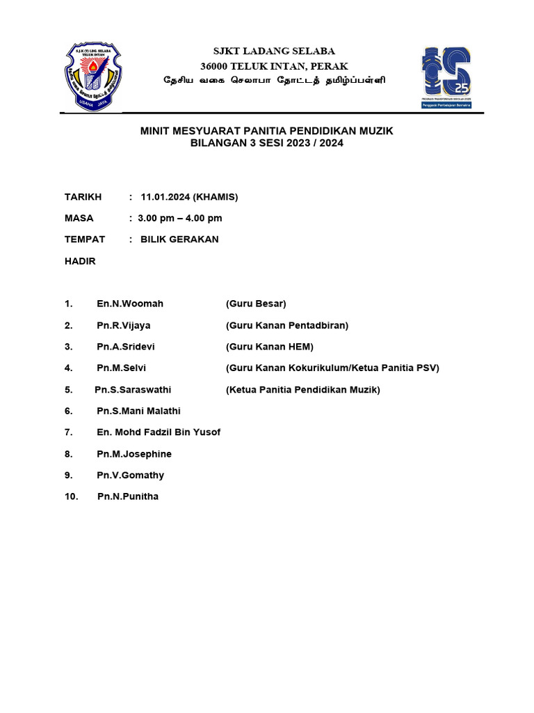 MINIT MESYUARAT Panitia P.muzik Ke-3 | PDF